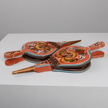 A pair of painted wood and copper wind bellows, Allmoge, Hallingdal ...