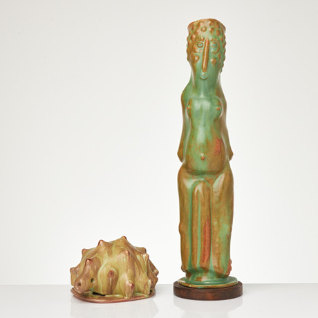 BORIS STOJKOV. Sculptures, 2 pieces, green glazed stoneware, signed and ...