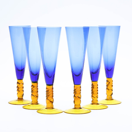 CHAMPAGNEGLAS. 6 stycken. Gul fot. Filigran, William Stenberg, Gullaskruf. Glas - Bruksglas ...