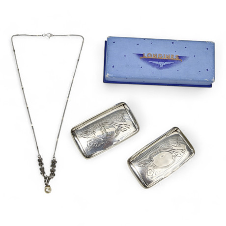 LONGINES case for wristwatch, 2 snuff boxes nickel silver and necklace ...