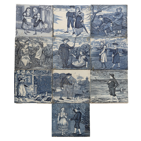A GROUP OF TEN OLD ENGLISH BLUE AND WHITE PICTURE TILES, HELEN J.A ...