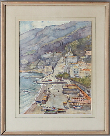 ATTRIBUTED TO ELSA SCHULTZ MOBERGER. coastal town, watercolor. Art ...