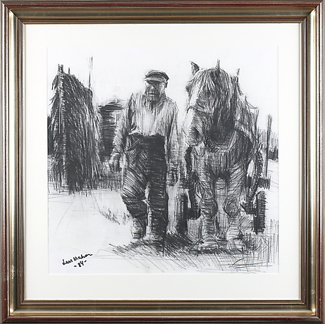 LARS MATSON. Horse motif, charcoal drawing, signed and dated -84 cm ...