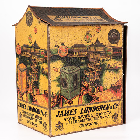 A TIN CAN/TEA JAR, JAMES LUNDGREN & CO, GÖTEBORG, LITHOGRAPHED SHEET ...