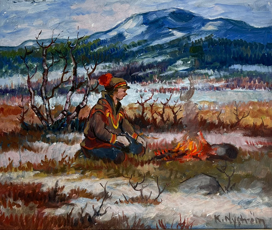 KURT NYSTRÖM. Fjällandskap med same vid eld. Olja på duk, signerad ...