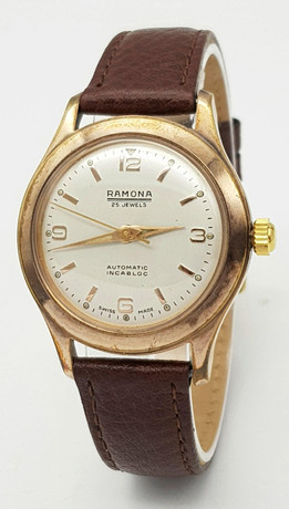 A MEN’S SWISS GOLD PLATED AUTOMATIC 25 JEWEL WATCH BY RAMONA. 2309-1365 ...
