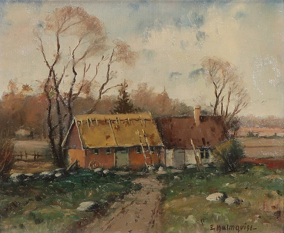 ERIK MALMQVIST. Oljemålning på duk. Gård i landskap. Signerad. Konst ...