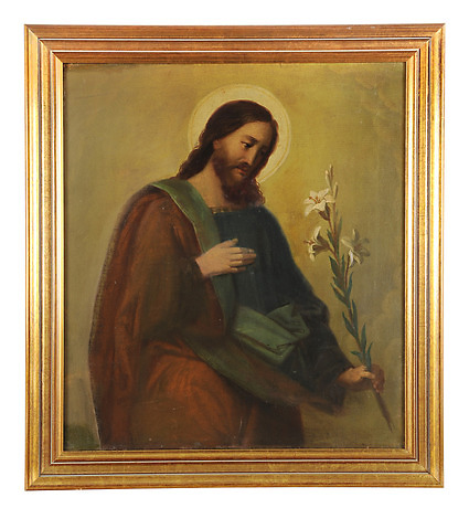 SAKRALGEMÄLDE. Jesus with nimbus looks at the palm leaf branch. Art ...