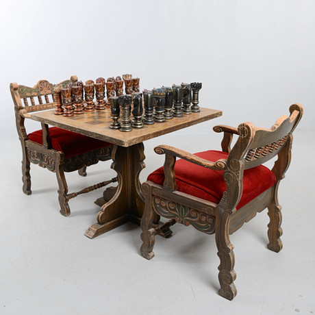 A 3-piece chess furniture, cut and painted oak, Baroque style, first ...
