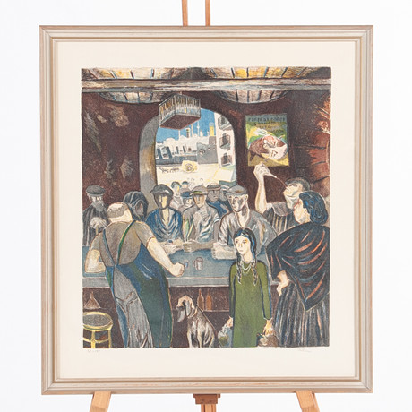 TORSTEN BILLMAN. Lithograph in colours, Figure scene bar in Spain ...