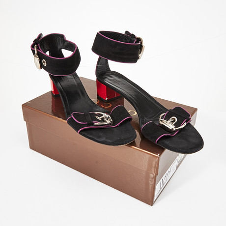 GUCCI, skor med slejf, svart skinn och mocca, lackdetaljer i lila och ...