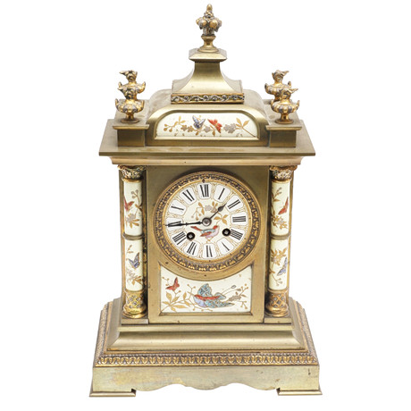 A NINETEENTH CENTURY SILVERED BRASS AND PORCELAIN MOUNTED MANTEL CLOCK ...