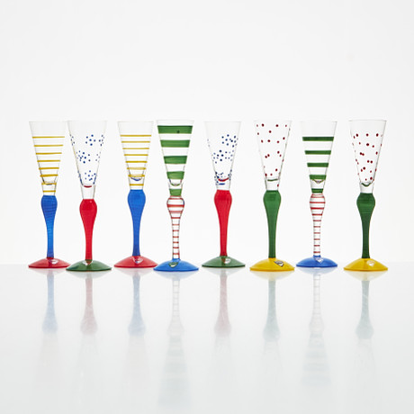 ANNE NILSSON. Snapsglas, 8 st, "Clown", Orrefors, etikettmärkta. Glas ...