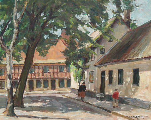 CARL OSCAR LARSSON. OIL ON PANEL, LUND MOTIF, “SUNSPOTS PARADISGATAN”, SIGNED AND DATED 1951 ...