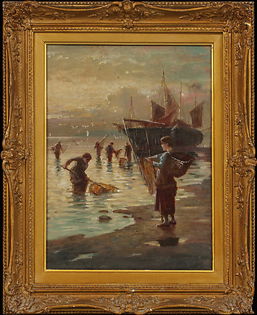OIDENTIFIERAD KONSTNÄR. Coastal scene with mussel pickers, oil on ...