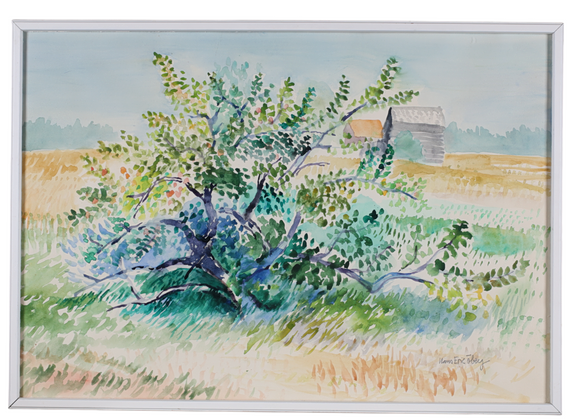 HANS ERIC ÖBERG. Landskap med buske och lador, akvarell, signerad ...