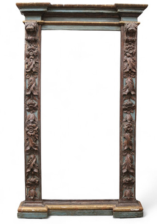 Carved wooden frame, polychrome and gilded, made from fragments of a ...