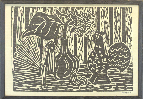 BENGT ORUP. Woodcut, still life with roosters, signed - 50. Art ...
