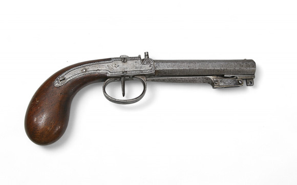 SLAG LOCK PISTOL, Belgium, c. 1850s, with sprinkler bayonet, steel ...