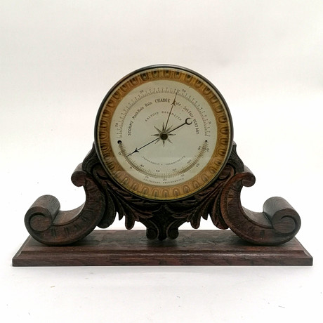 ANTIQUE ANEROID BAROMETER WITH CURVED THERMOMETER ON HAND CARVED OAK ...