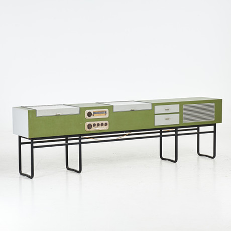 STEREO BENCH, 1960/70's, vinyl-clad wooden frame, with recessed Quad ...