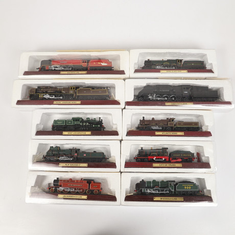 MODEL TRAINS, 10 pieces, metal on wooden base, Atlas Collection. Toys ...
