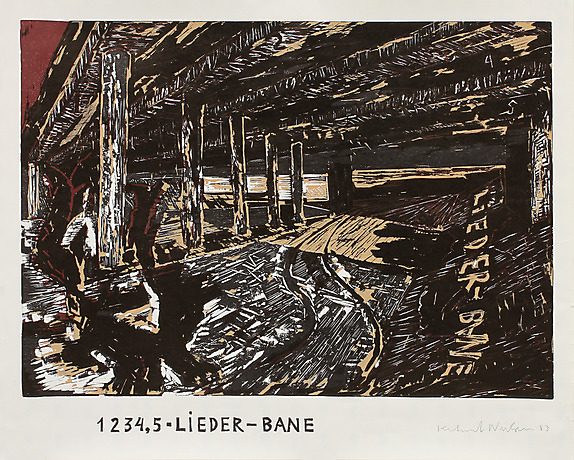 KEHNET NIELSEN. "1234.5 - Lieder- Bane", linocut, signed and dated 83 ...