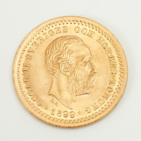A 21.6k gold coin, SEK 5, Oscar II King of Sweden and Norway, 1899 ...