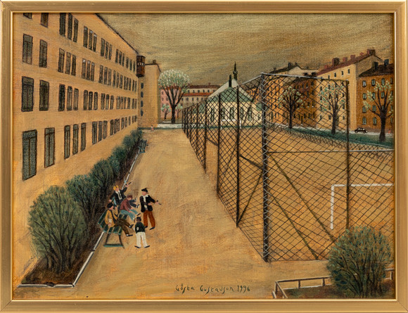 GÖSTA GUSTAVSON. Oil on canvas, "Södermalmsskolan gård” signed, 1996 ...