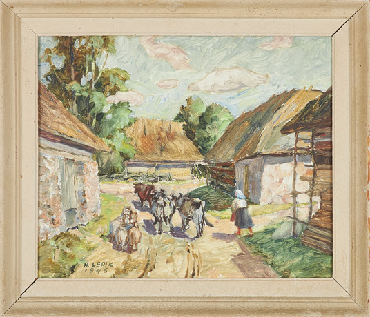 HUGO LEPIK. Village view with cows, oil on panel, signed and dated 1945 ...
