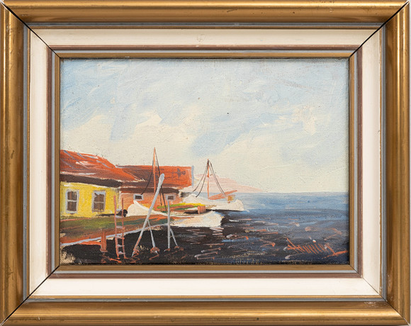 WILHELM HENNING (1899-1955). TILLSKRIVEN. Hamnmotiv, olja på duk,1900 ...