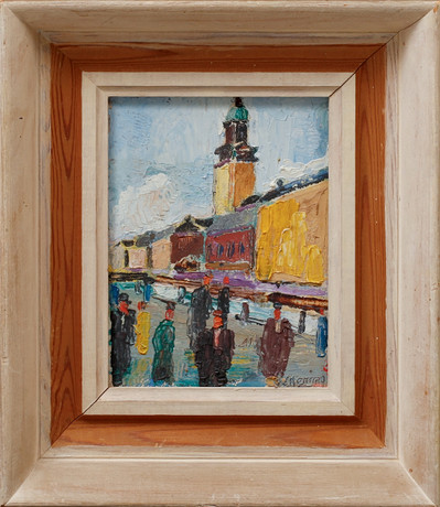 WILHELM HENNING. Göteborgsmotiv med figurer, olja på pannå, signerad ...