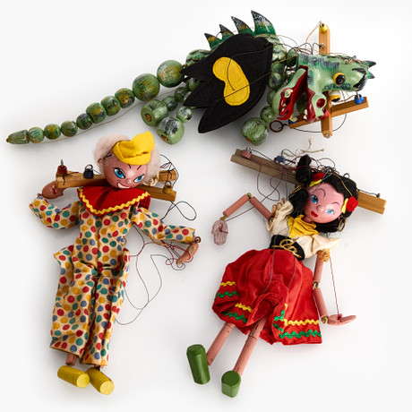 Three “Mother Dragon” puppet dolls, “Clown”, “Gypsy”, Pelham Puppets ...