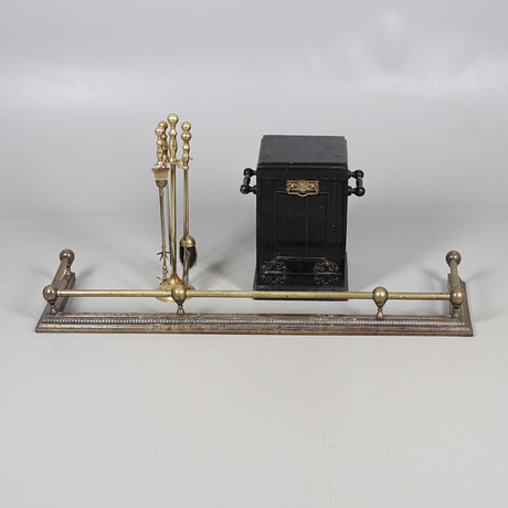 A BRASS FIRE FENDER AND FIRESIDE COMPANION SET. Silver & Metals ...