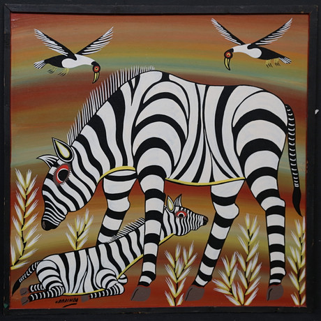 MOHAMED CHARINDA. Zebra med föl, lack på pannå, signerad Charinda ...