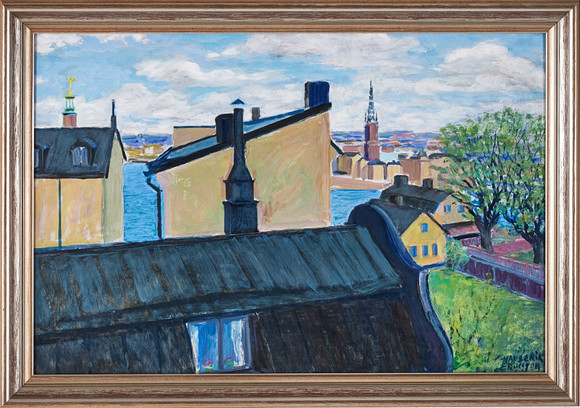 HANS-ERIK ERIKSSON (1921-1998). Hustak på Södermalm, olja på pannå ...