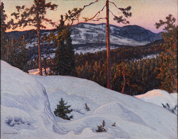 ANSHELM SCHULTZBERG. Vinterlandskap i skymningsglöd. Konst - Måleri - Auctionet