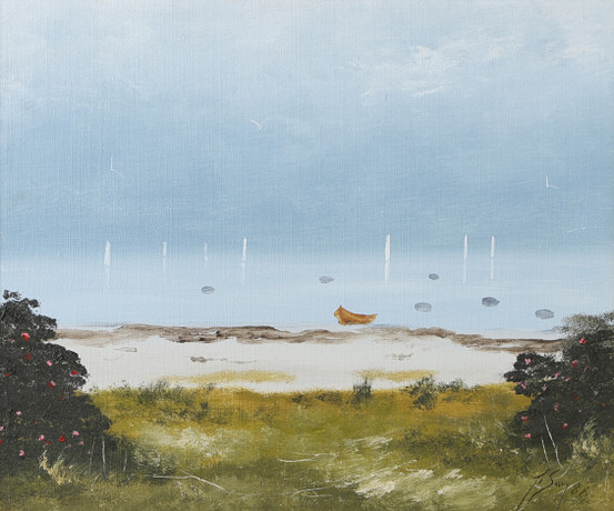 INGVAR J-SON STENDAHL. Strandparti med båt, olja på duk, signerad J-son ...