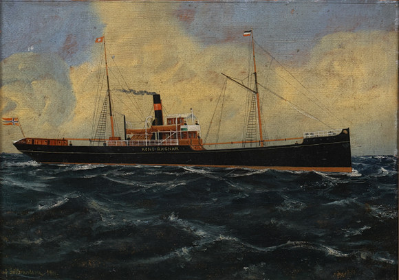 OLAF GULBRANSSON (NORGE 1873-1958). Ångfartyget "Kong Ragnar", olja på ...