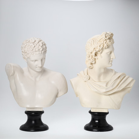 Två byster, Apollo och Hermes, efter antika modeller, komposit, Italien ...