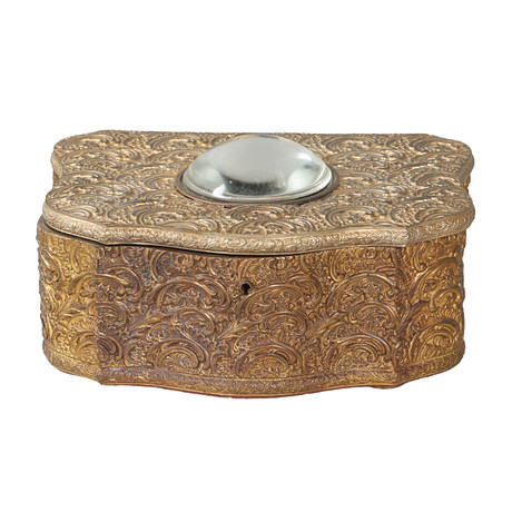 A LATE 19TH CENTURY BRASS REPOUSSÉ JEWELLERY BOX, PROBABLY FRENCH ...