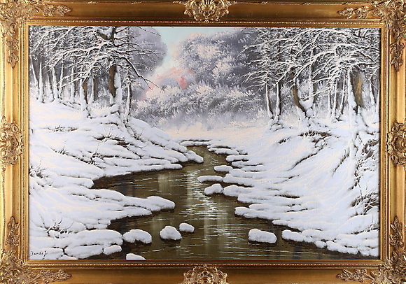 JÓSEF DANDE. Winter landscape with stream, oil on canvas, signed. Art ...