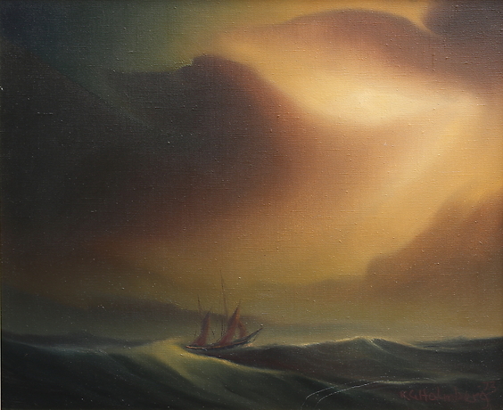 KARL GUSTAV HOLMBERG. Ship in North Sea storm. Oil on canvas, signed KG ...