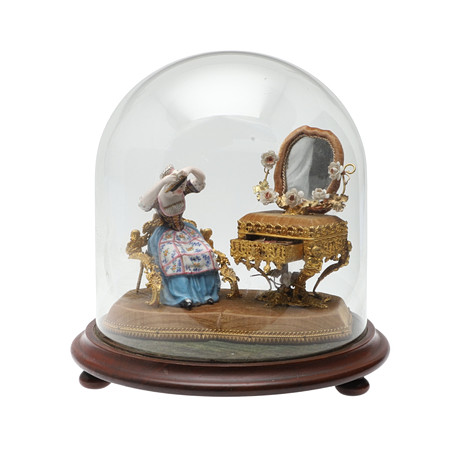 AN UNUSUAL PORCELAIN FIGURE & GILT METAL DRESSING TABLE SEWING SET ...