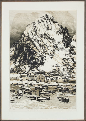 LARS LERIN. “Mit i Svolvaer”, colour woodcut, signed, sample print. Art ...