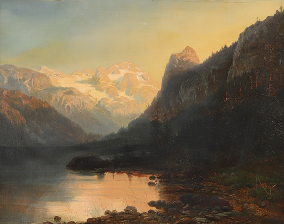 OIDENTIFIERAD KONSTNÄR. Bergslandskap med vatten, olja på duk, kopia ...