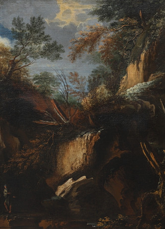 ATTRIBUTED TO PIETRO MONTANINI (1619-1689). ROCKY LANDSCAPE WITH A ...