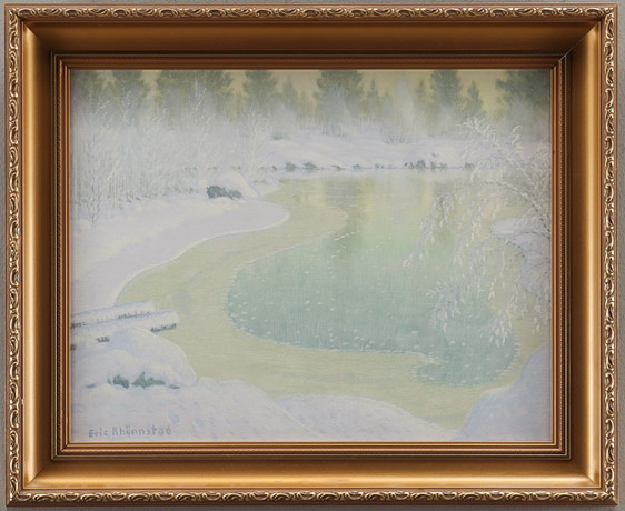 ERIC RHÖNNSTAD. Vinterlandskap vid sjö. Konst - Måleri - Auctionet