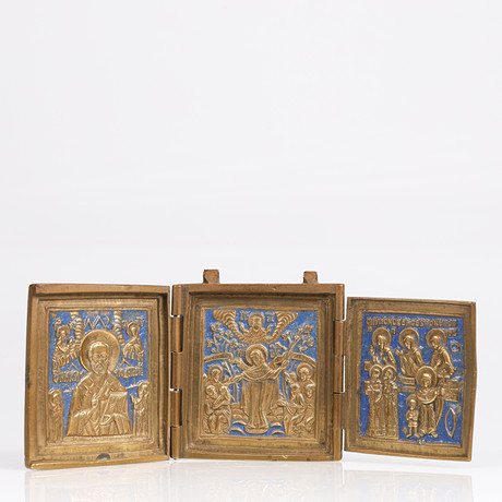 A 19th century Russian metal and enamel triptych icon of Saint Nicholas. Art - Other - Auctionet