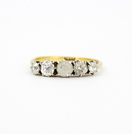 18CT GOLD RING SET WITH GRADUATED OLD CUT DIAMOND AND WHITE SPINEL ...